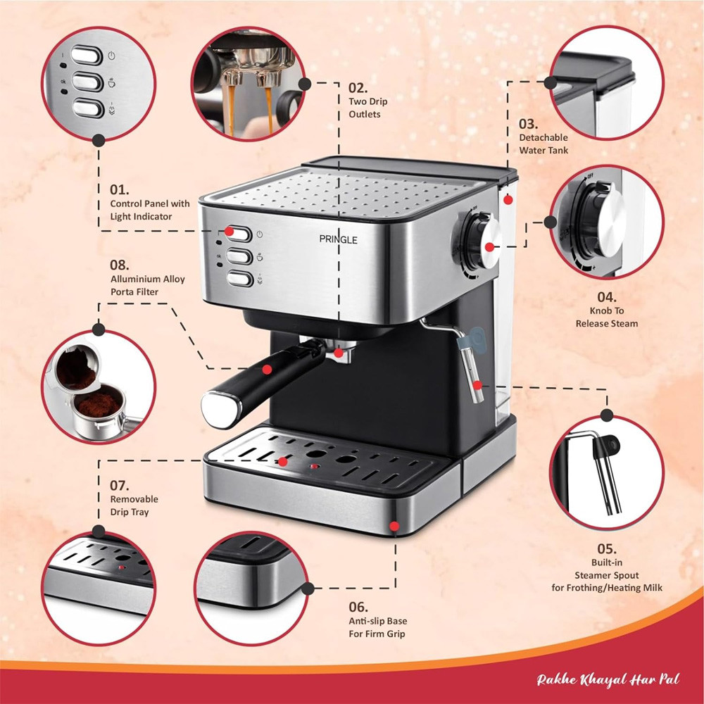 PRINGLE JAVA Espresso Coffee Maker with Double Shot System- 15 Bars ...